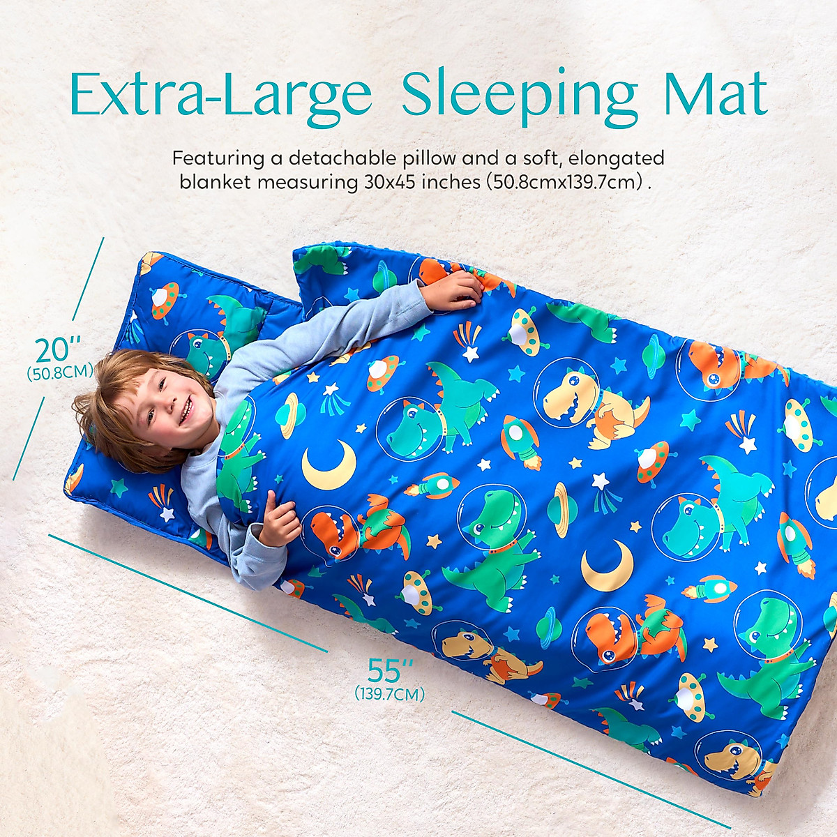 JOIEDOMI Toddler Nap Mat with Pillow & Blanket - 55''*30'' for Kids Ages 3-7 Years - Roll Up Nap Mat for Preschool - Soft Dinosaur Kids Sleeping Mat - for Boys Girls Kindergarten Daycare Sleepover