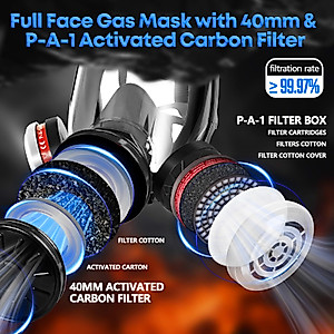 UXLXLK Full Face Gas Mask: Gas Masks Survival Nuclear and Chemical with 40mm & P-A-1 Activated Carbon Filter Full Face Respirator Mask Used for Dust Spray Machining Soldering Polishing Welding