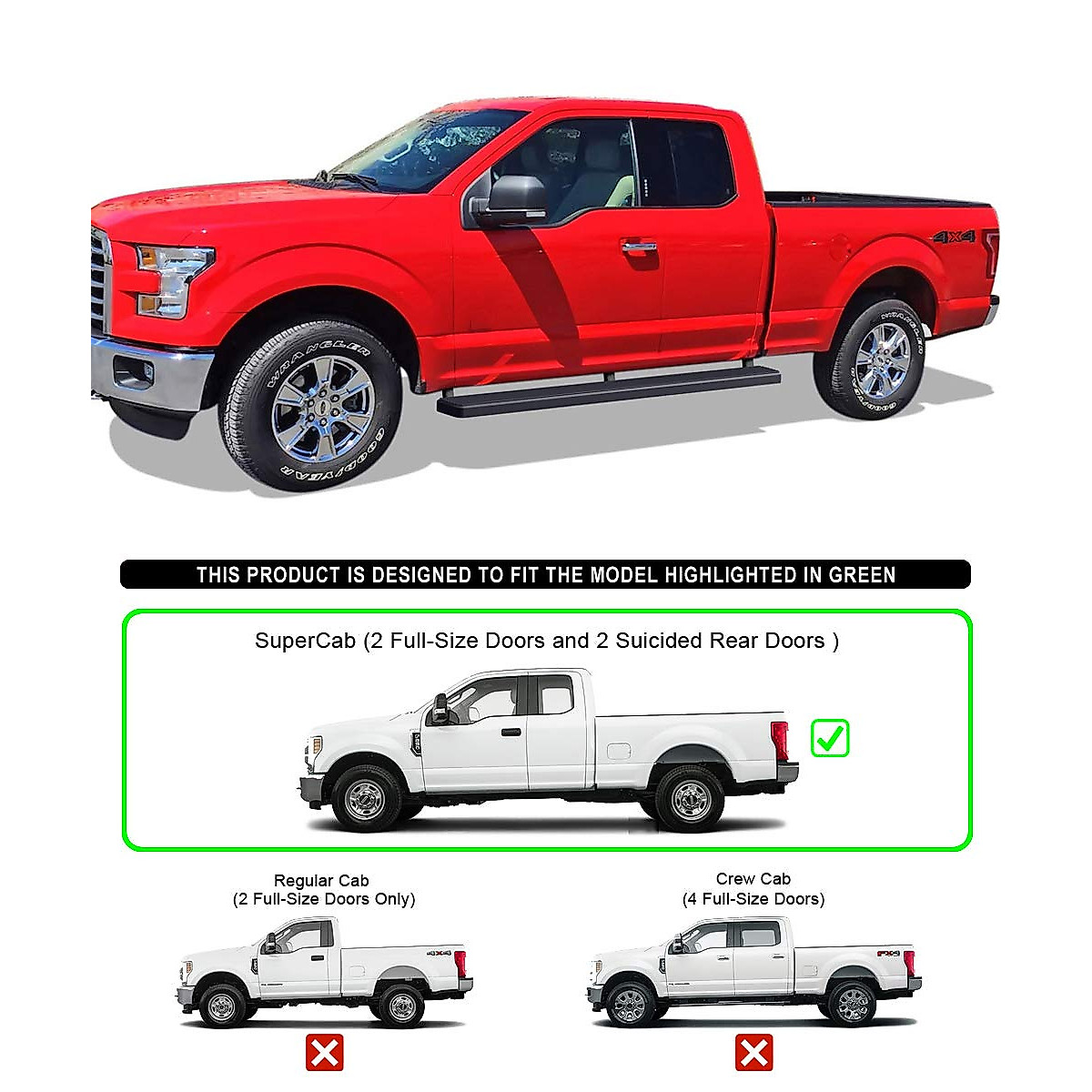 APS Running Boards 5in Matte Black Compatible with Ford F150 2015-2024 Super Cab & F-250 F-350 Super Duty 2017-2024 Stainless Steel (Nerf Bars Side Steps Side Bars)