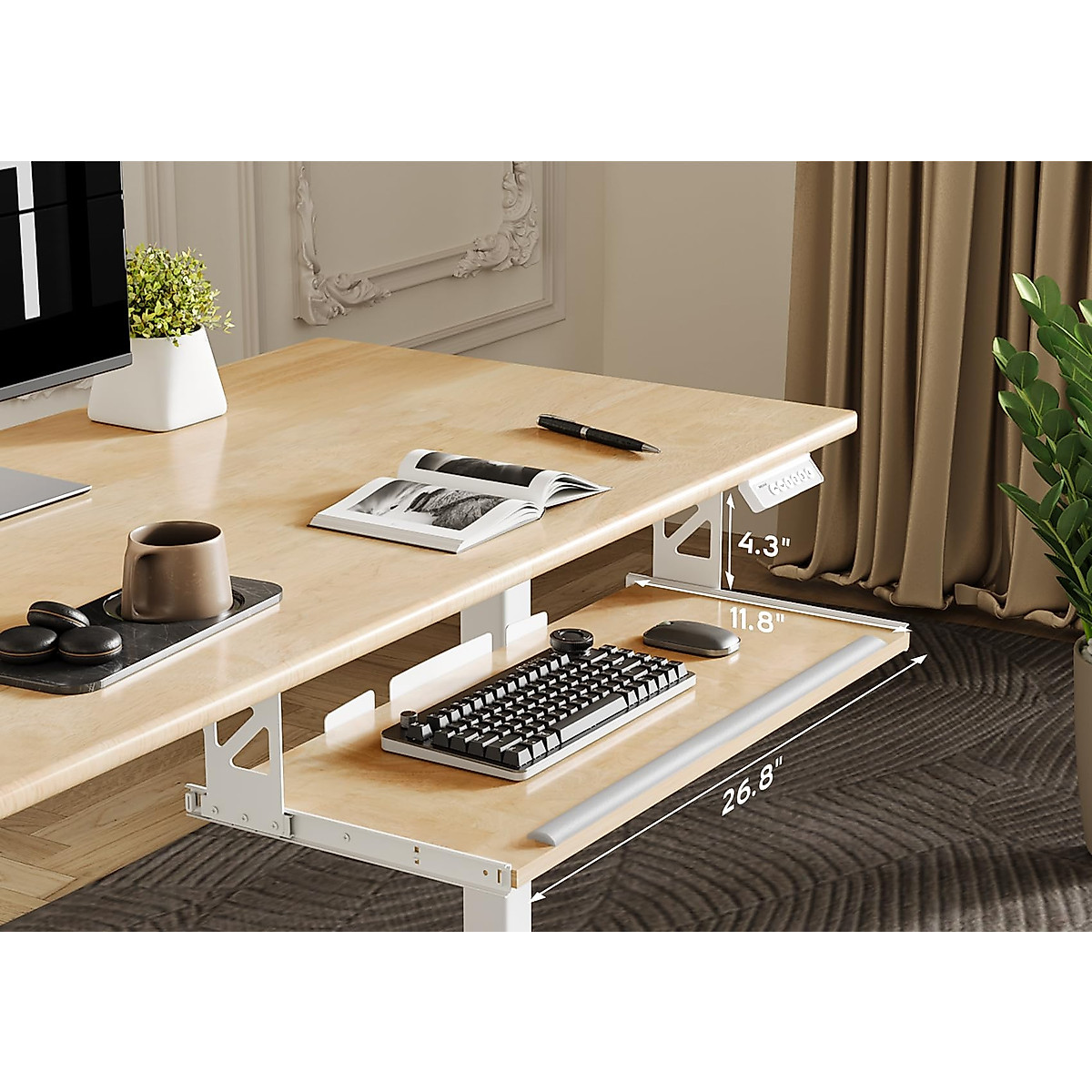 INNOVAR Electric Standing Desk, Solid Wood Adjustable Desk with Keyboard Tray, 48×24 Inch Stand up Home Office Desk with Whole-Piece Board, White Frame/Natural Top