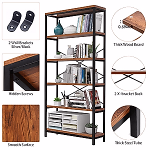 BATHWA Bookshelf, 6-Tier Industrial Bookshelves, Wood and Metal Bookcase, Free Standing Storage Vintage Bookshelf for Living Room, Bedroom and Home Office, Rustic Brown