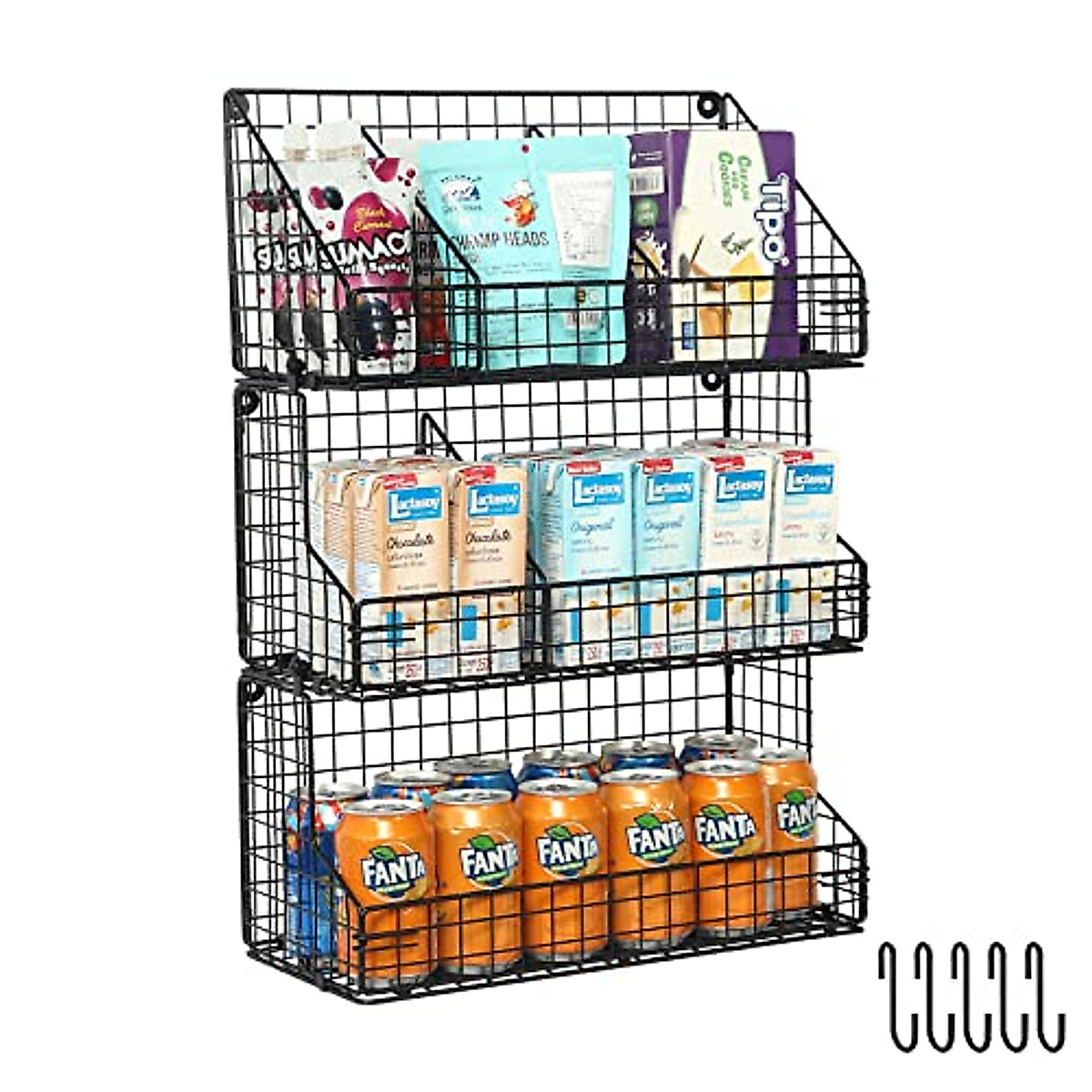 3 Tier Stackable Tea Bag Organizer with 3 Divinder 5 Hooks Metal Wire Basket Snack Rack Holder Countertop Caddy Bin Wall Mount Shelf for Office Kitchen Cabinet Pantry Patent Pending