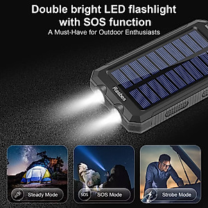 Rasbes Solar Charger, Portable 38800mAh Solar Power Bank IPX5 Waterproof with Built-in Solar Panel Charger and LED Flashlight, Solar Phone Charger Battery Pack for All CellPhones. (Black)