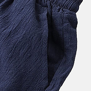 Linen Shorts Men's Classic-Fit Drawstring Elastic Waist Pleat Front Shorts with Pocket, 5/7 Inch Inseam, Navy XL