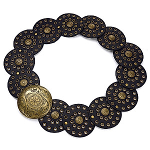 Suyi Wide Disc Belt for Women Leather Hollow Out Round Belts Vintage Western Waist Belt 115CM Black