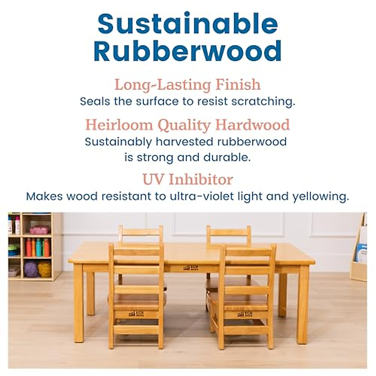 ECR4Kids 24in x 48in Rectangular Hardwood Table with 16in Legs and Four 8in Chairs, Kids Furniture, Honey