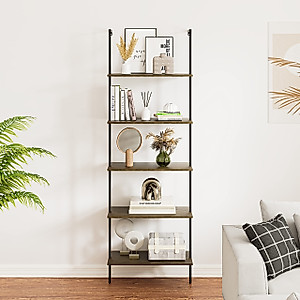 Wolawu 5 Tiers Ladder Shelf 2-Piece Black Modern Tall Bookshelf Open Large Tall Wall Mount Storage Bookcase Standing Leaning Wall Shelves Industrial Decorative