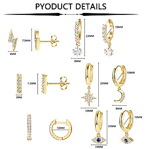 LOYALLOOK 6Pairs Moon Star Dangle Hoop Earrings for Women Mini Bar Stud Earrings CZ Drop Cartilage Cute Jewelry Small Huggie Hoop Valentine's Gift Gold Plated