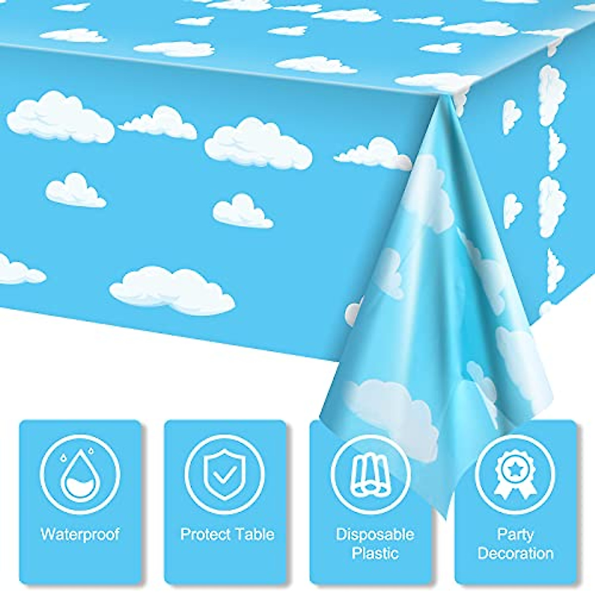 Blue Sky White Clouds Birthday Party Supplies Cartoon Story Tablecloth Party Table Cover Cartoon Table Banner for Baby Kids Shower Birthday Party Decorations, 54 x 108 Inch（1）
