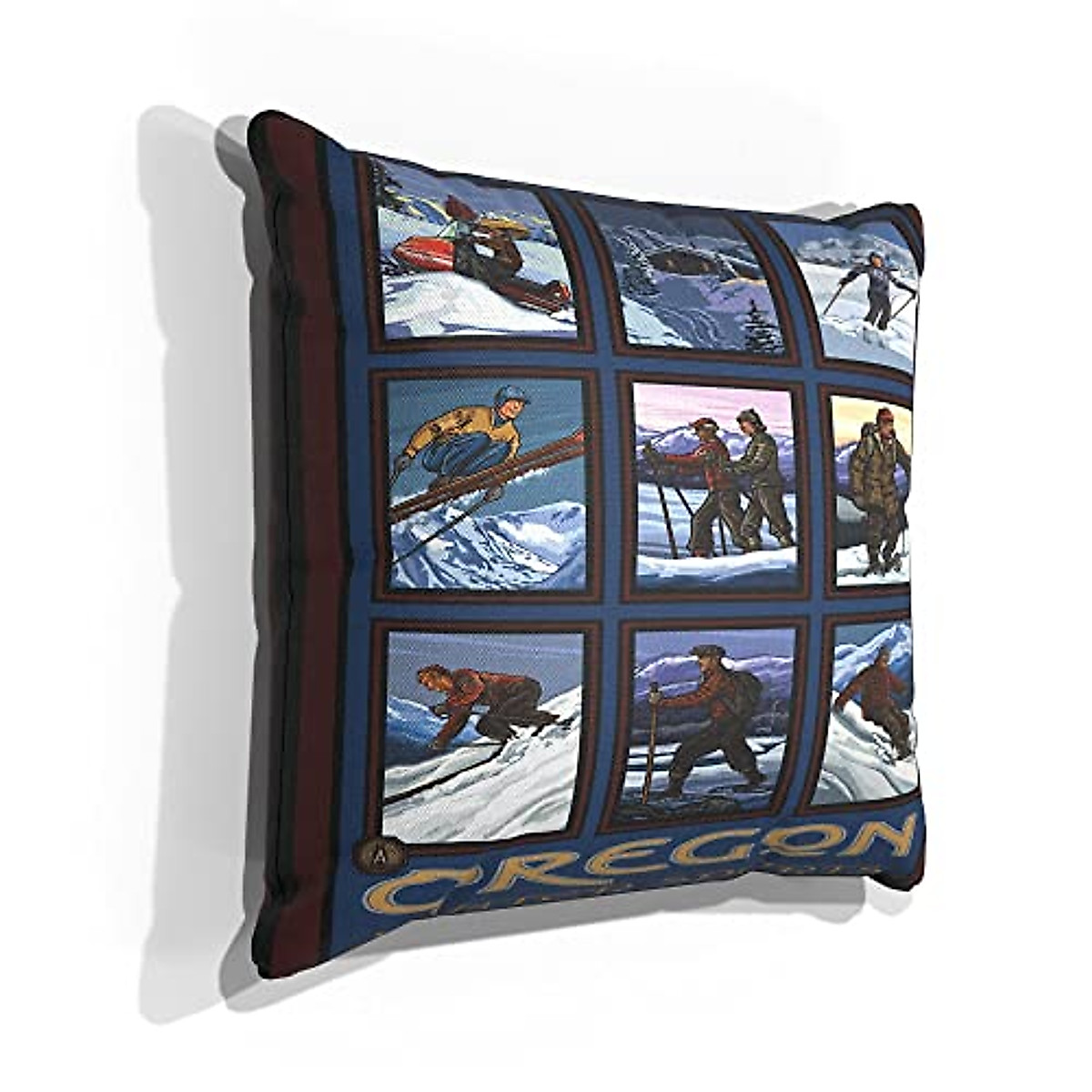 Oregon Winter Sports Collage Canvas Throw Pillow for Couch or Sofa at Home & Office from Travel Artwork by Artist Paul A. Lanquist 18" x 18".
