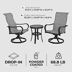Four Seasons Courtyard Palermo 3 Piece Aluminum Bistro Furniture Set with Swivel Rockers and Drop in Tile Table for Outdoor Backyard Lawns and Patios