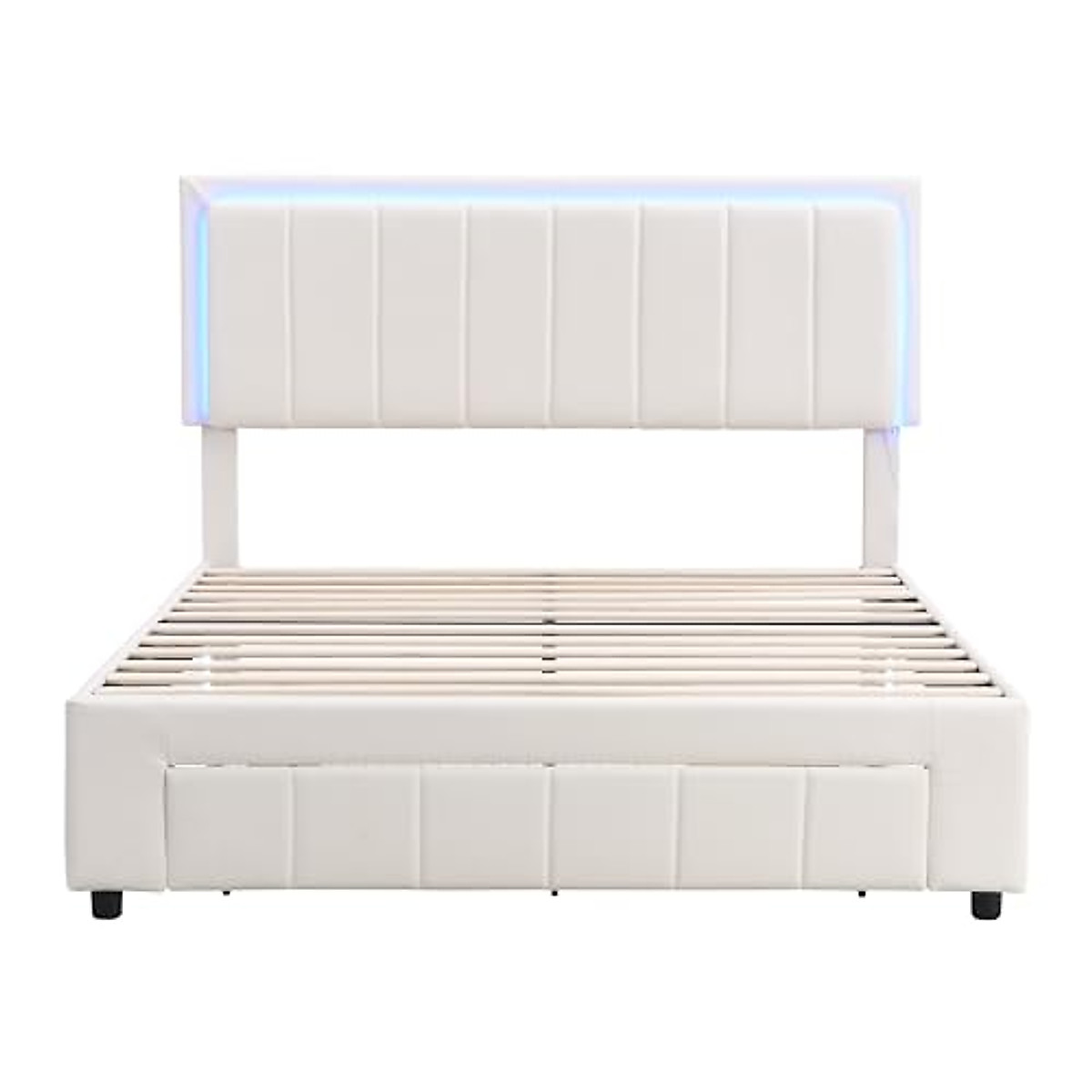 Modern Queen Size Upholstered Platform Bed with LED Lights and 2 Motion Activated Night Lights, PU Leather Platform Bed Frame Mattress Foundation with Storage Drawer for Bedroom Guest Room (White-A4)