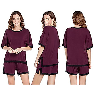 Eiggam Pajama Set for Women Cotton Pajama Capri for Women Solid Pjs Fashion Pijamas Sleep Wear Short Sleeve Ladies Soft Pajama Sleep Sets XL Wine Red Pajamas Set