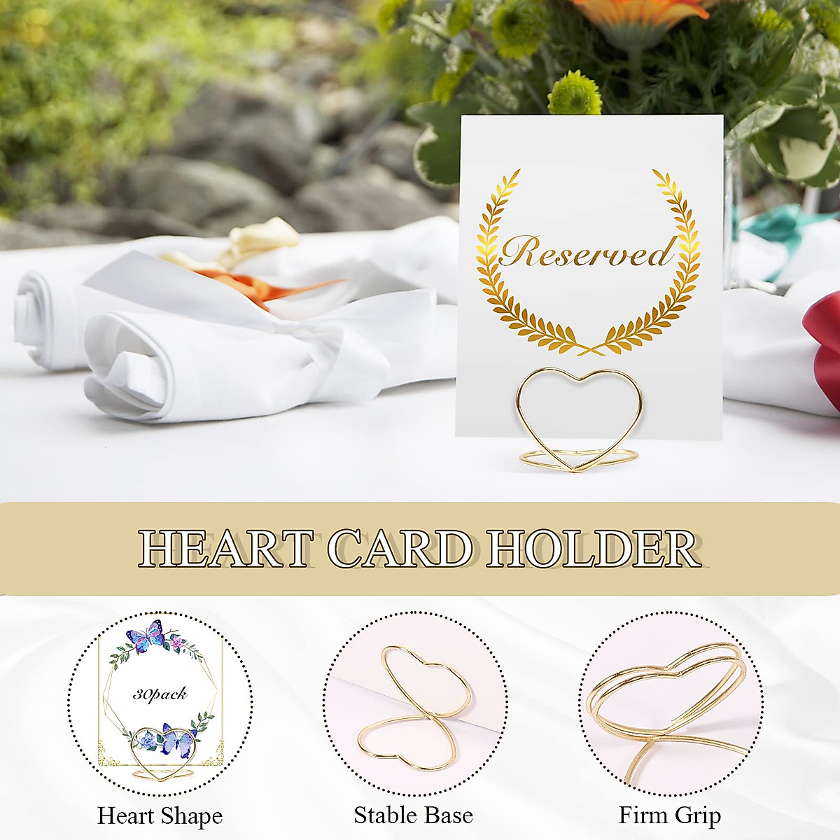 30Pcs Gold Place Card Holders for Weddings Table Card Holders Picture Holder Heart Name Card Holder Metal Place Cards for Table Setting (Heart)