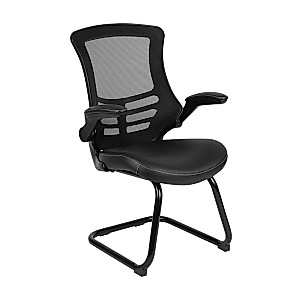 Flash Furniture Kelista Black Mesh Sled Base Side Reception Chair with White Stitched LeatherSoft Seat and Flip-Up Arms