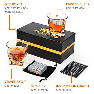 Almagic Whiskey Glasses Set of 2 (12oz), with Whiskey Stones and Velvet Bag, Birthday Day Gifts, Retirement Gifts, for Bourbon Tennessee Irish Scotch Whiskey Cocktail
