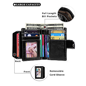 IamaCos Women Artificial Leather Wallets Compact Bifold Wallet RFID Blocking Card Holder Zipper Coin Purse 10 Card Slots 2 ID Windows Black