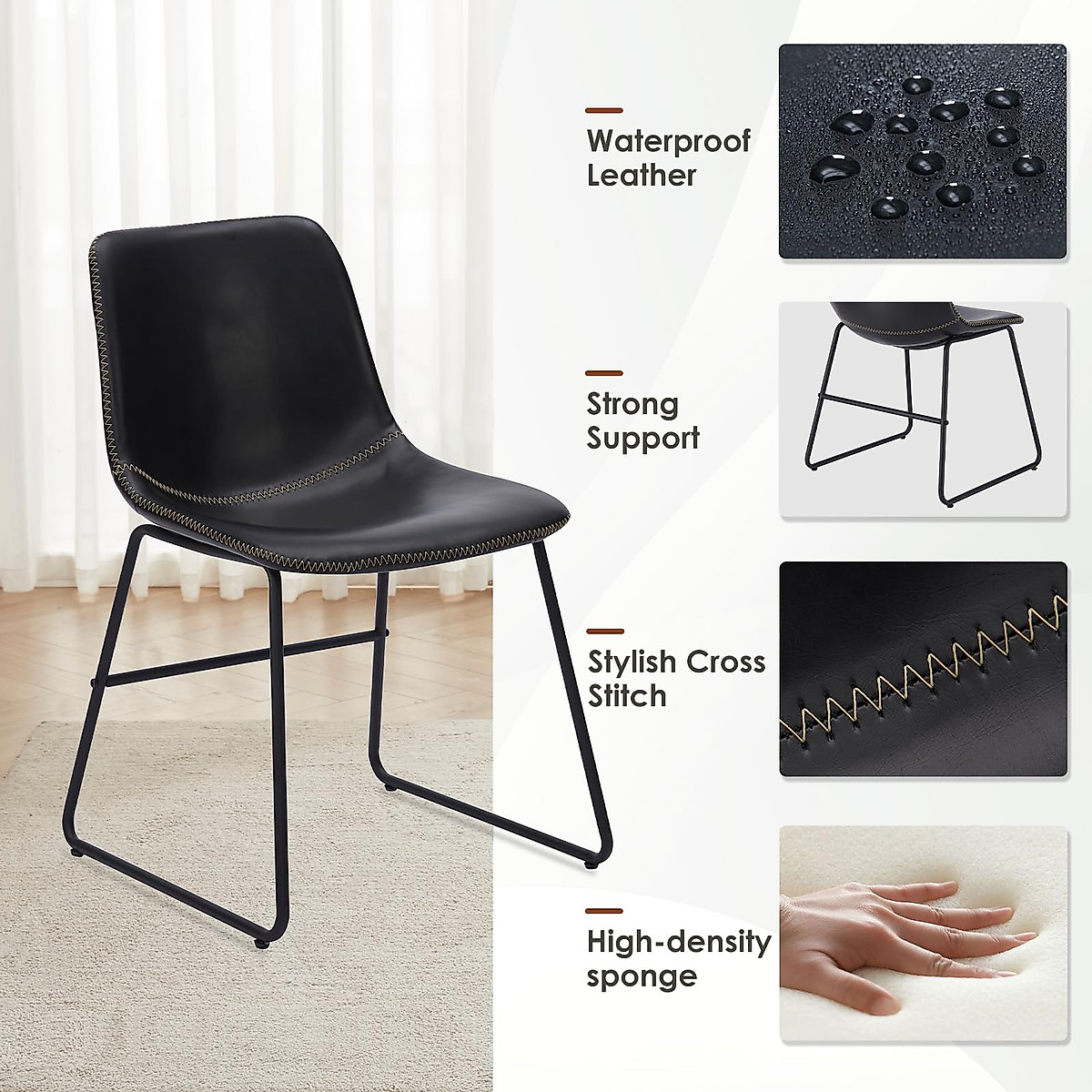 Soohow Set of 2, Kitchen Room Mid Century Midcentury Modern Faux Leather Comfortable, Home, Bistro Coffee Shop, Dining Chairs 4 PCS, Black