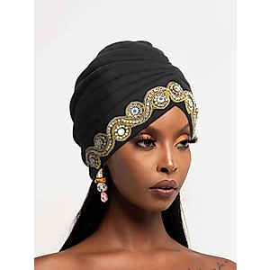 Woeoe Women African Turban Bling Rhinestones Beanie Cap Headwear Pre-Tied Crystal Head Wrap (Black)