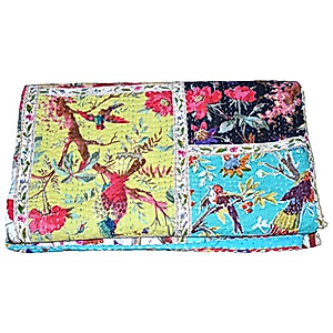V Vedant Designs Bird Print Patchwork Cotton Kantha Quilt Throw Blanket Bedspread Gudari (Twin Size)