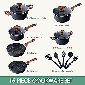 MAISON ARTS Pots and Pans Set, 15 Piece Kitchen Cookware Sets with Nonstick Granite-Coated for Induction & Dishwasher Safe, Oven, Stovetop, Black