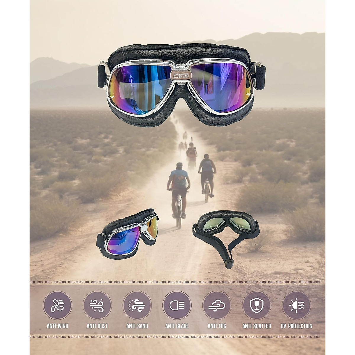 CRG Sports Motorcycle Goggle Aviator Pilot Style Cruiser Scooter Motocross Goggles for Men, Women, Adults