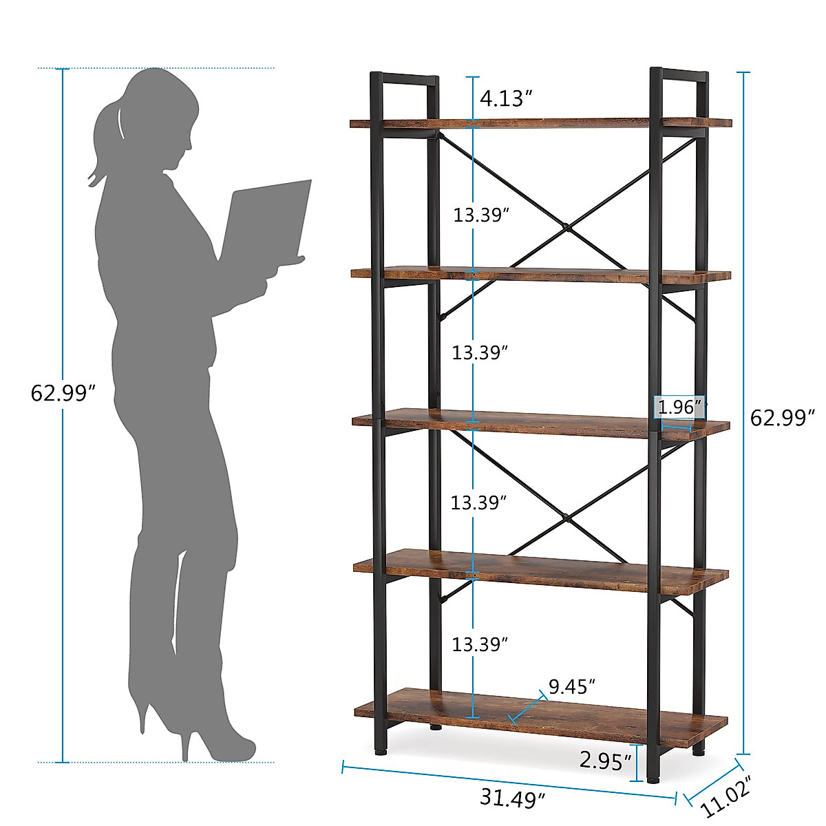 Tribesigns 5 Tier Bookshelf, Industrial Etagere Bookcase with Metal Frame, Rustic Tall Book Shelf Unit for Living Room, Study, Home Office (1, Rustic)