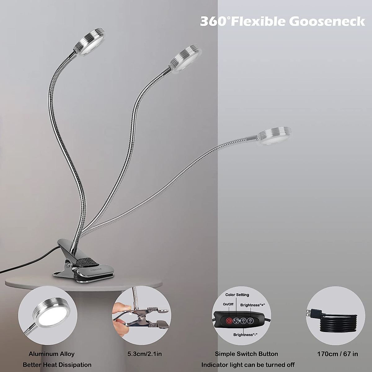 EYOCEAN LED Reading Light, Dimmable Clamp Light for Bed Headboard, Bedroom, Office, 3 Modes & 9 Dimming Levels, Flexible Clip Desk Lamp, Adapter Included, 5W, Silver