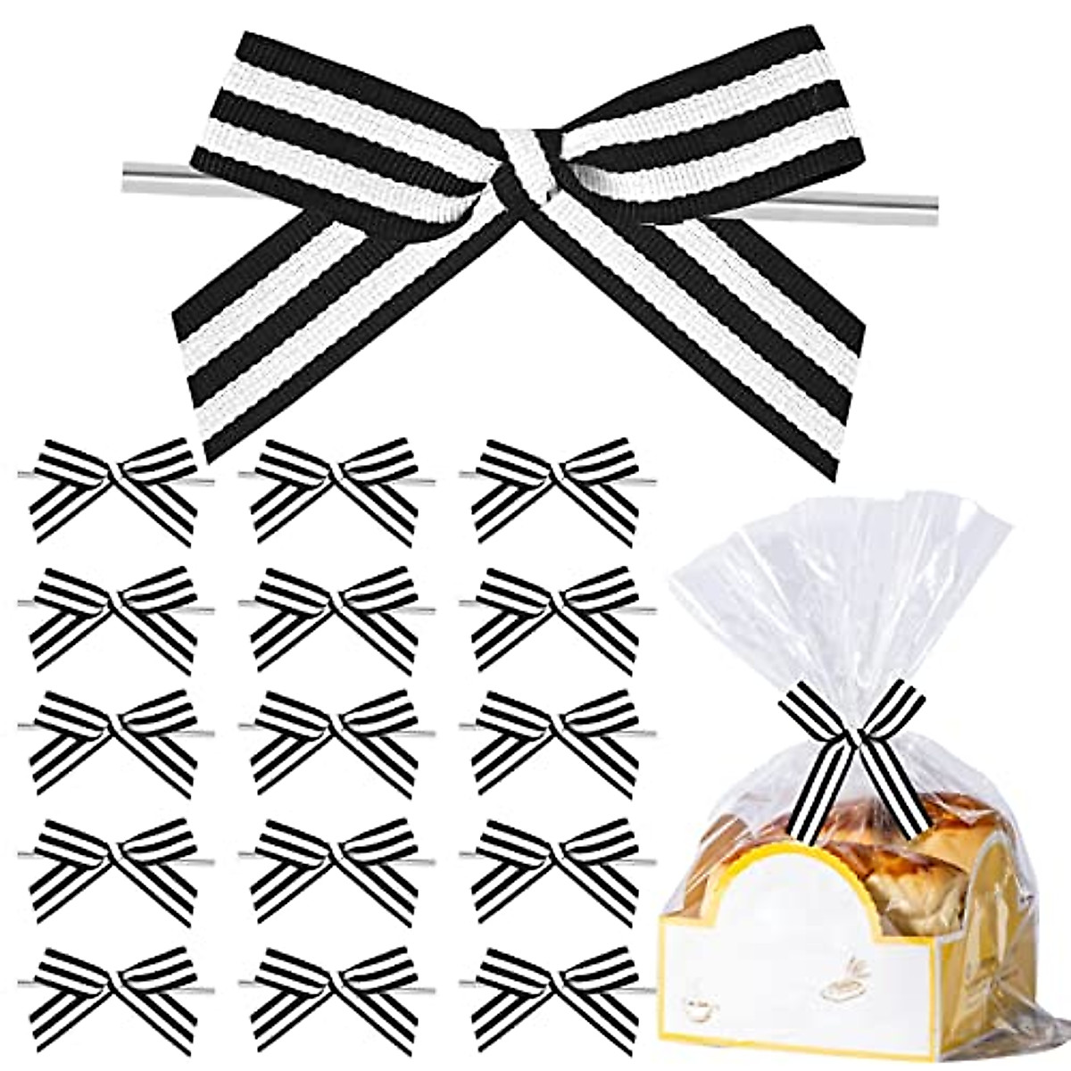 50 Piece Striped Bows Black and White Stripe Bows Twist Tie Bows Twist Tie Bows Bows for Gift Baskets Christmas New Year Striped Grosgrain Twist Tie Bows for Tying up Packages Gift Bows