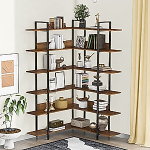 IMGDD 74.8 Inch Bookshelf L-Shape MDF Boards Stainless Steel Frame Corner 6-Tier Shelves Adjustable Foot Pads (Brown)