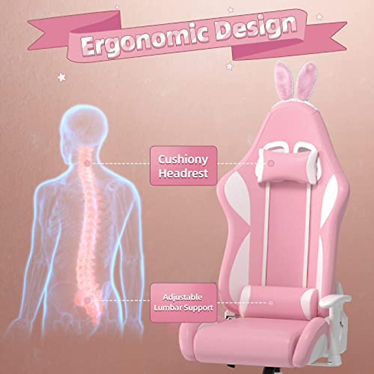 MUZII Pink Gaming Chair, Video Game Chairs, Racing Office Gaming Chairs for Adults Girls, PU Leather Computer Chair, PC Gamer Chair with Headrest and Lumbar Support