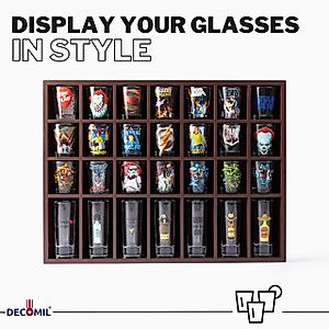 DECOMIL Shot Glass Display Case for Wall & Free Standing, Shot Glass Holder for Tall Shot Glasses/Shooter Display, for 28 Glass, Solid Wood, Shot Glass Display Rack Without Door