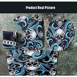 LXHG 4 Pcs Skull Pattern Shower Curtain Set with Bath Rugs and Mat, Toilet Lid Cover, 12 Hooks, Bathroom Sets with Shower Curtain and Rugs,Blue