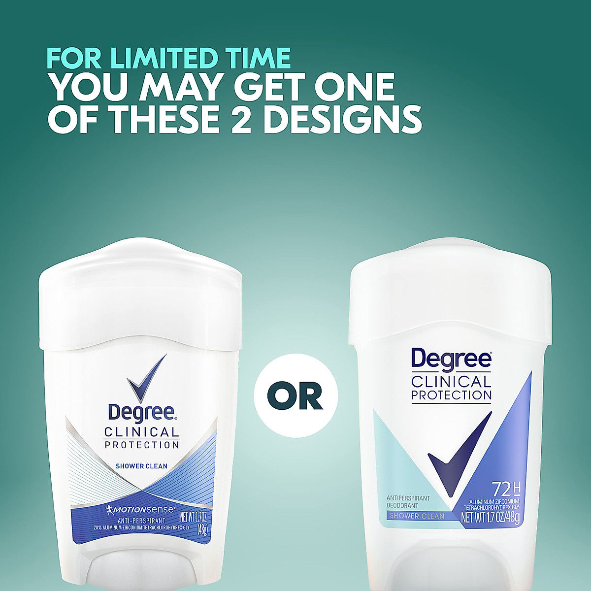 Degree Clinical Protection Antiperspirant Deodorant 72-Hour Sweat & Odor Protection Shower Clean Antiperspirant for Women 1.7 oz