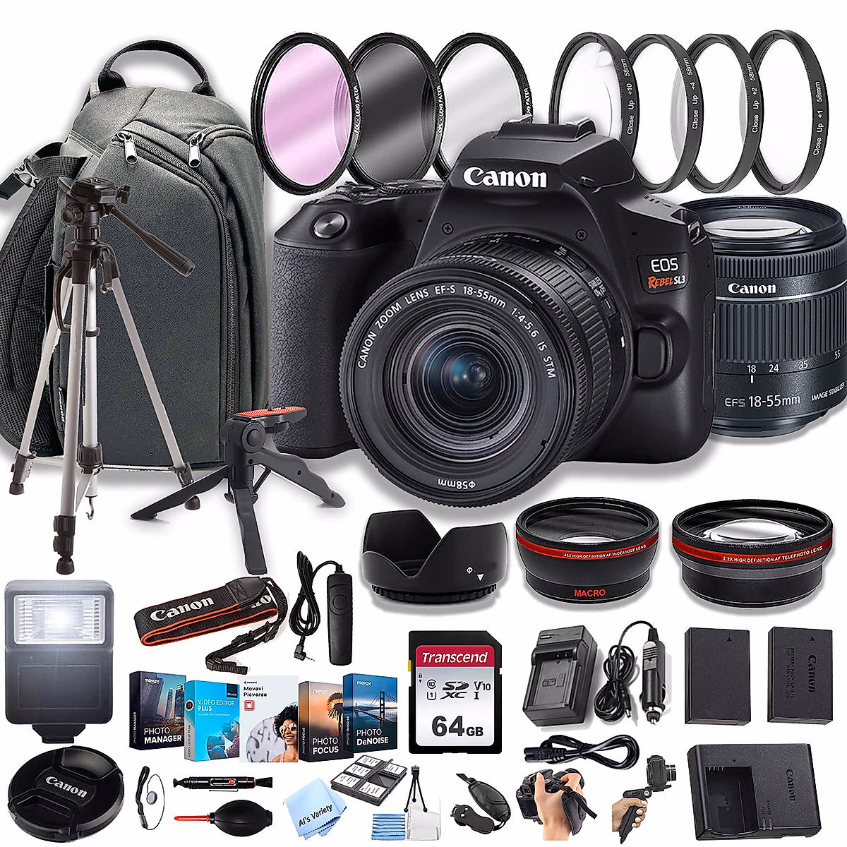 Canon EOS Rebel SL3 DSLR Camera w/EF-S 18-55mm F/4-5.6 STM Zoom Lens + 100S Sling Backpack + 64GB Memory Cards, Professional Photo Bundle (40pc Bundle)
