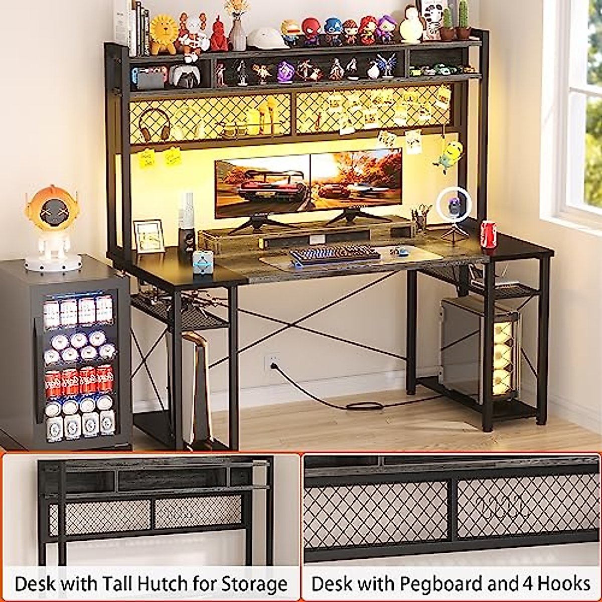 armocity 2024 Upgrade Gaming Desk with Hutch, 55.2'' Magic Computer Desk with LED and Outlets, Reversible Workstation Desk with Pegboard, Grey/Black