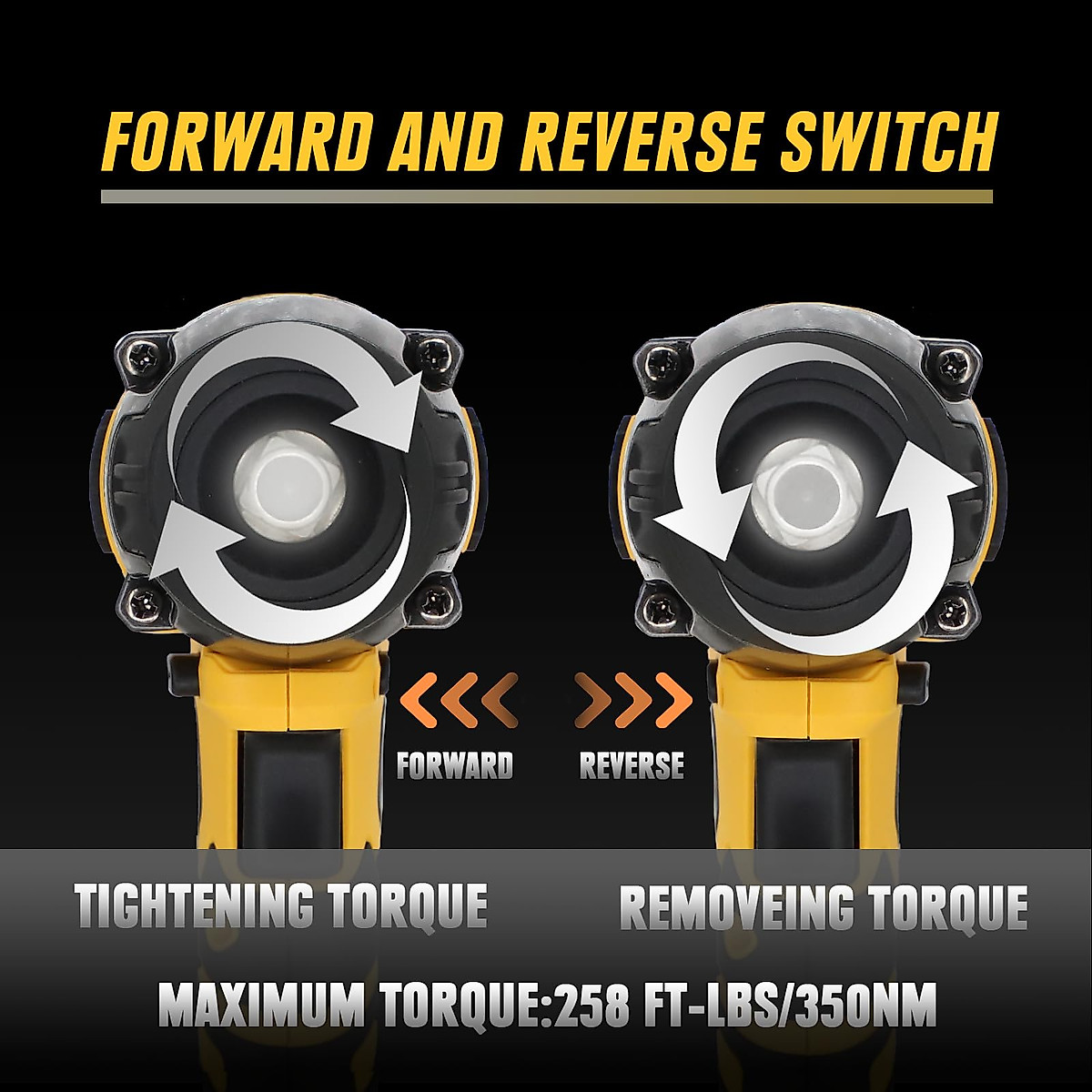 WITLIGHT Cordless Impact Wrench, Compatible w/ 20V Max Battery (NOT Included), Mellif 1/2" High Torque (258Ft.lbs/350N.m) Brushless Impact Driver 3 Speeds & Memory Mode & LED light, Yellow