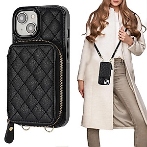 Bocasal Crossbody Wallet Case for iPhone 15, RFID Blocking PU Leather Zipper Handbag Purse Flip Cover, Kickstand Folio Case with Card Slots Holder Wrist Strap Lanyard 5G 6.1 Inch (Black)