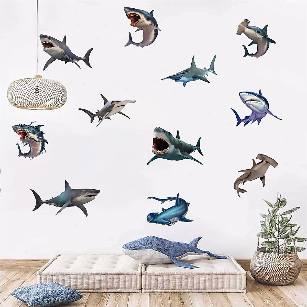 MEFOSS 11 PCS 3D Large Shark Wall Decal Stickers, Ocean Animal Under The Sea Wall Decal Stickers, Peel and Stick Removable Sea Creature Shark Stickers for Kids Room Playroom Bathroom Baby Nursery Wall Decor