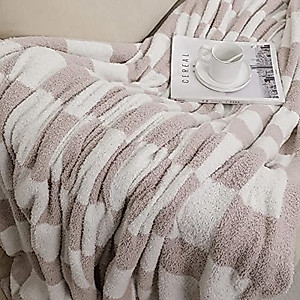 bearberry Fuzzy Checkerboard Grid Throw Blanket Knitted Soft Cozy Warm Microfiber Blanket Decor for Couch Sofa Bed Travel Home (Cream, 50''x60'')