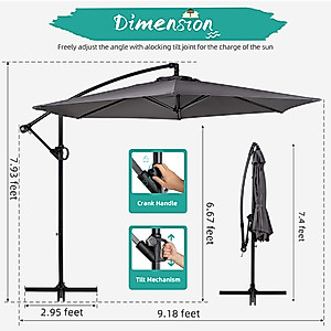 Shintenchi Patio Offset Umbrella with Easy Tilt Adjustment,Crank and Cross Base, Outdoor Cantilever Hanging Umbrella, Sunshade Umbrella Canopy, Dark Gray