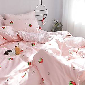 EAVD Kawaii Strawberry Duvet Cover Queen Pink Soft 100% Cotton Cute Strawberry bedding Set for Girls/boys Women Japanese Strawberry Comforter Set Full Aesthetic bedding Set(NO Comforter)