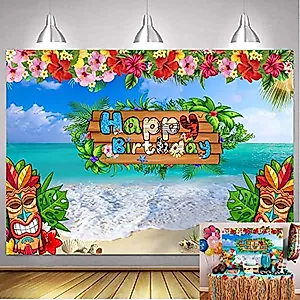 WONDERFUL MEMORIES Polyester Hawaiian Beach Birthday Party Backdrop 7x5ft for Luau Party Decorations Supplies Washable and Wrinkle-Free Tropical Banner Photography Background Blue