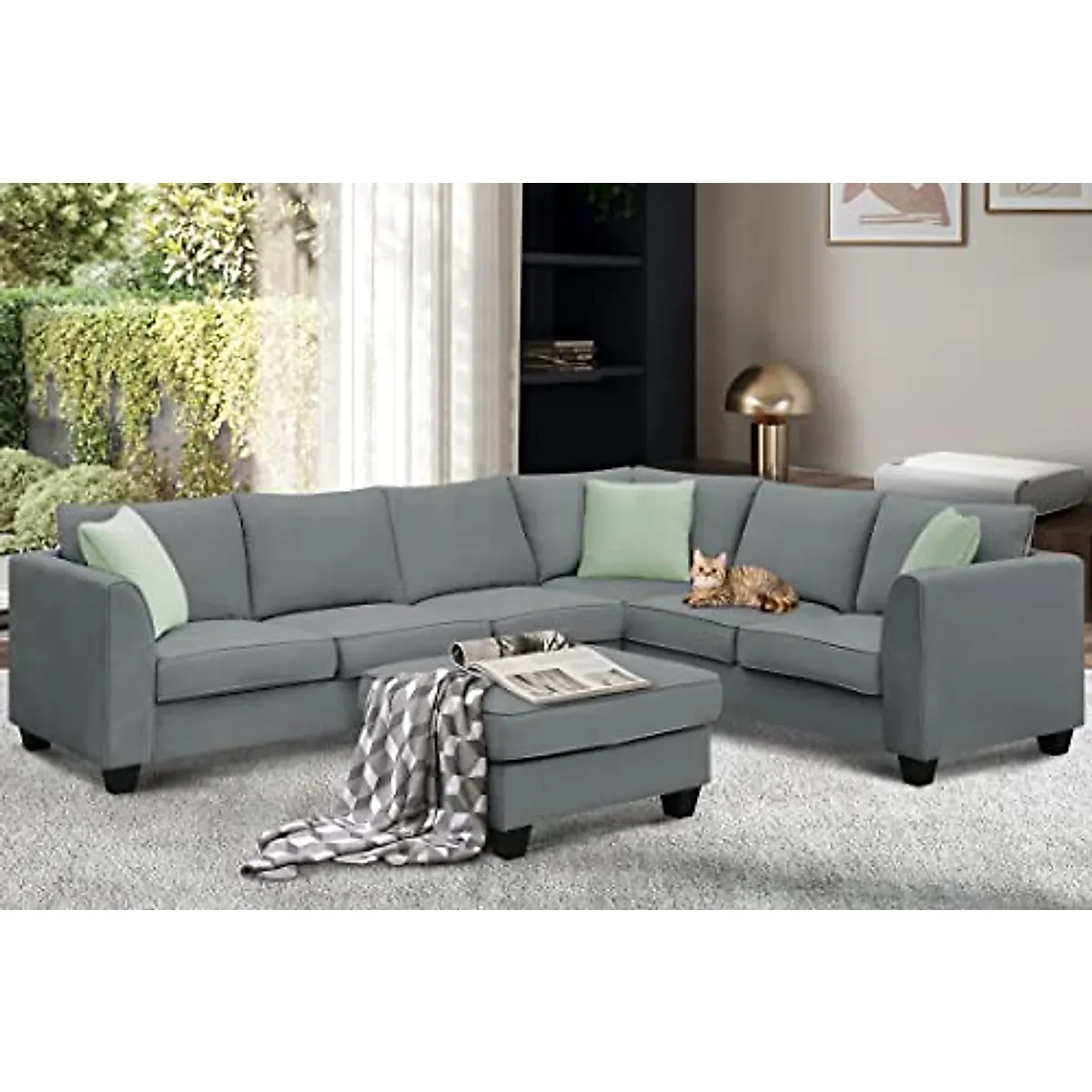 Flieks Modern Upholstered Living Room Sectional Sofa, L Shape Furniture Couch with 3 Pillows, Grey