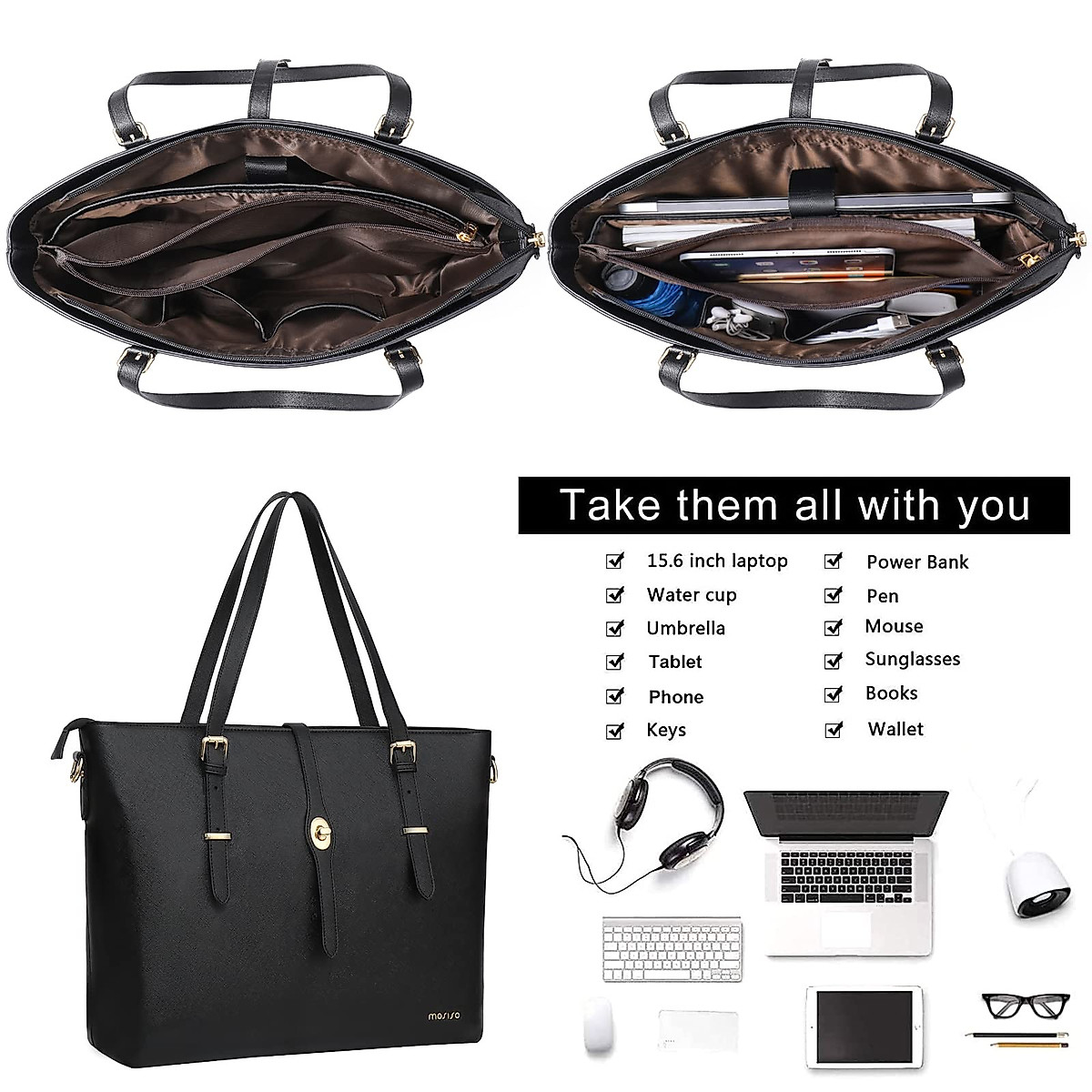 MOSISO Laptop Tote Bag Compatible with MacBook Pro 16 inch M4 M3 M2 M1 2025-2019, 15-15.6 inch PU Leather Briefcase with Middle Button & Small Purse&Shoulder Strap, Black