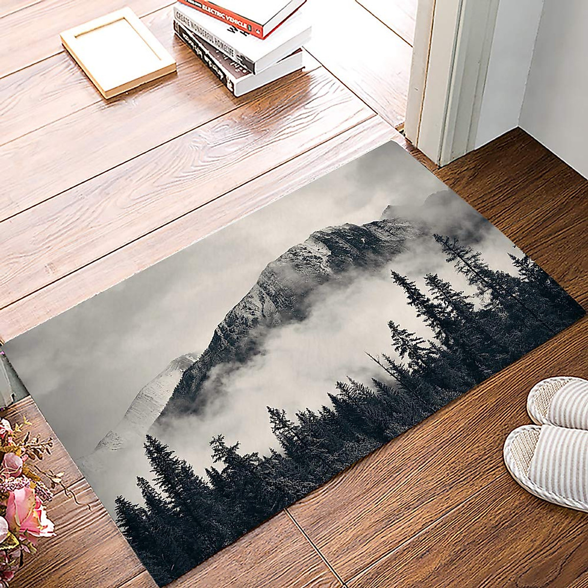 Indoor Doormat Front Door Mat Nature Winter Forest Landscape Mysterious Dreamy Mountain Smoky Non Slip Rubber Back Floor Mat Entrance Low-Profile Welcome Mat Outdoor Rug for Home Office Garden