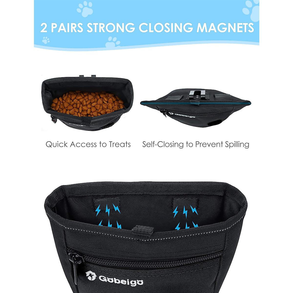 Gobeigo Dog Treat Pouch and Training Clicker, Upgrade Two Magnetic Closure to Prevent Spills, 2 Cup Treat Bag with Poop Bag Dispenser, Metal Clip Waist Belt Fanny Pack for Pet Walk (Black)