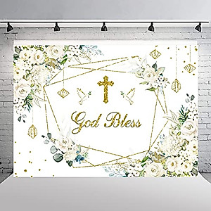 Wollmix 1st First Communion Baptism Decorations Backdrop 7x5ft God Bless Holy Communion Banner Christening Gold Dots White Florals Photography Background Baby Shower Banner Photo Booth Props