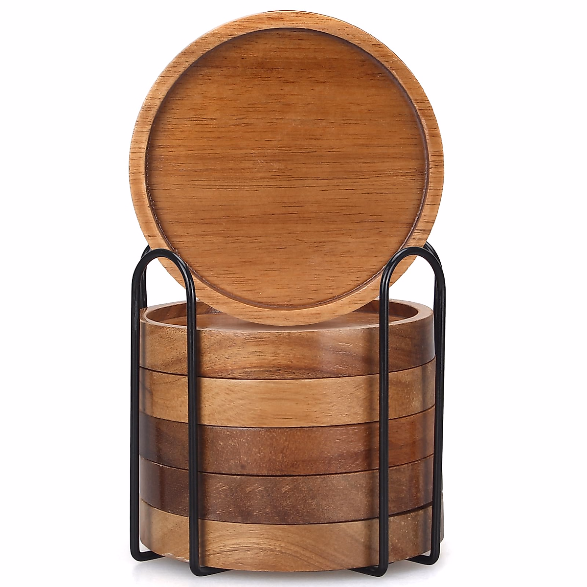 6 Pcs Best Wooden Coasters with Holder Coffee Table Coasters for Drink Acacia Wood Coaster Set Modern Cup Coasters Cute Beer Coaster Bar Coasters Decorative Beverage Rustic Outdoor Coasters