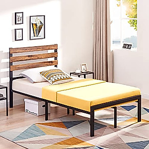 GreenForest Twin Bed Frame with Wooden Headboard Platform Bed with Metal Support Slats NO-Noise Heavy Duty Bed Industrial Country Style with 9 Strong Legs No Need Box Spring, Twin
